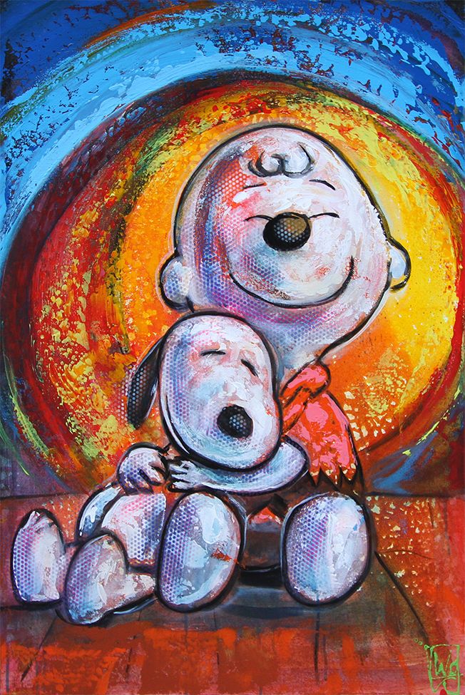 Jürgen Wölk – Snoopy og Charlie Brown, 100x70 cm, Maleri – Akryl på lærred