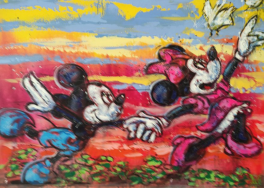 Jürgen Wölk – Mickey og Minnie Mouse, 70x100 cm, Maleri – Akryl/ Akryl ...